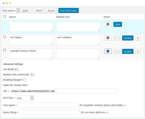 Search and Replace HTML code for WordPress